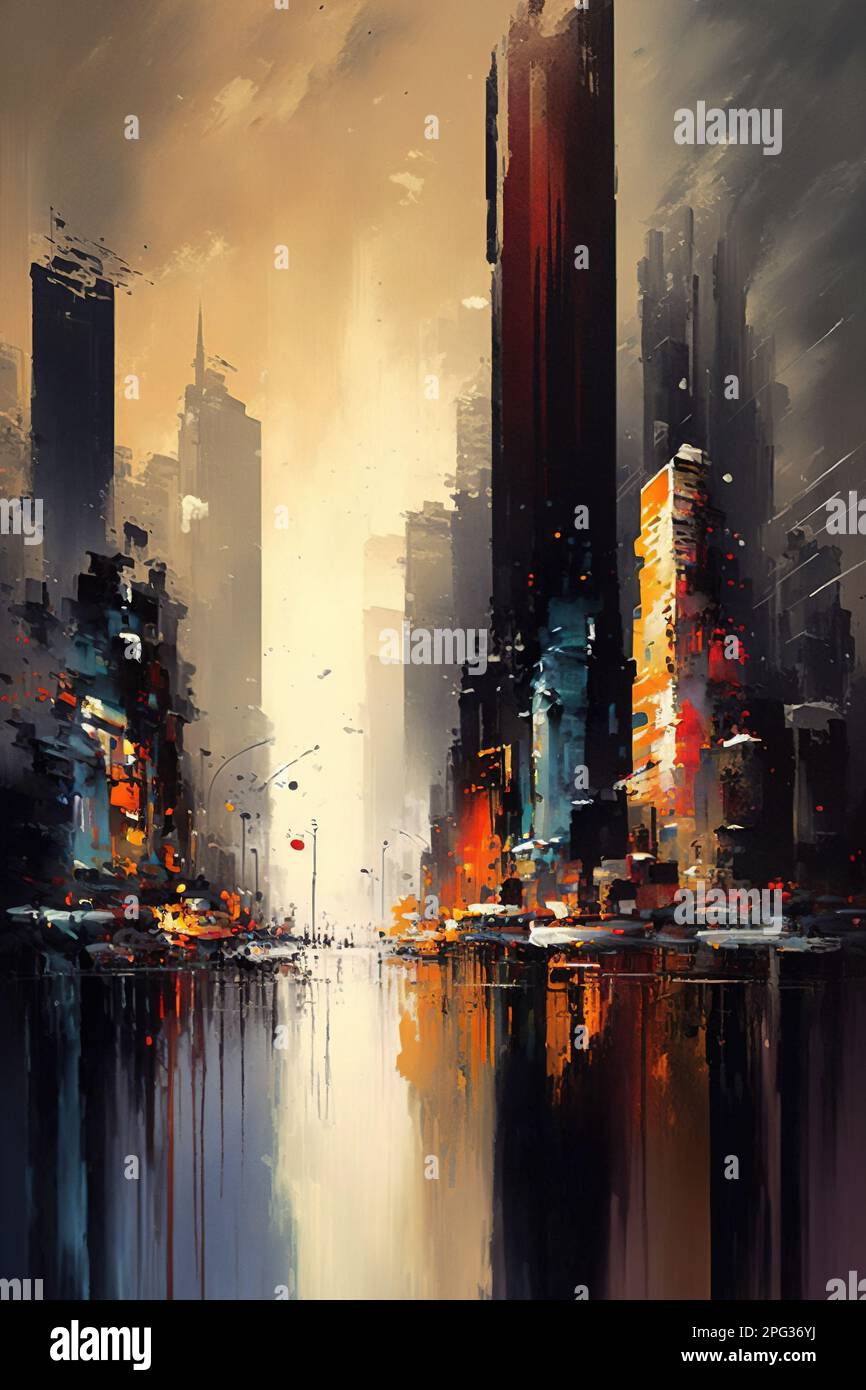 Abstract city skyline oil painting Stock Photo - Alamy