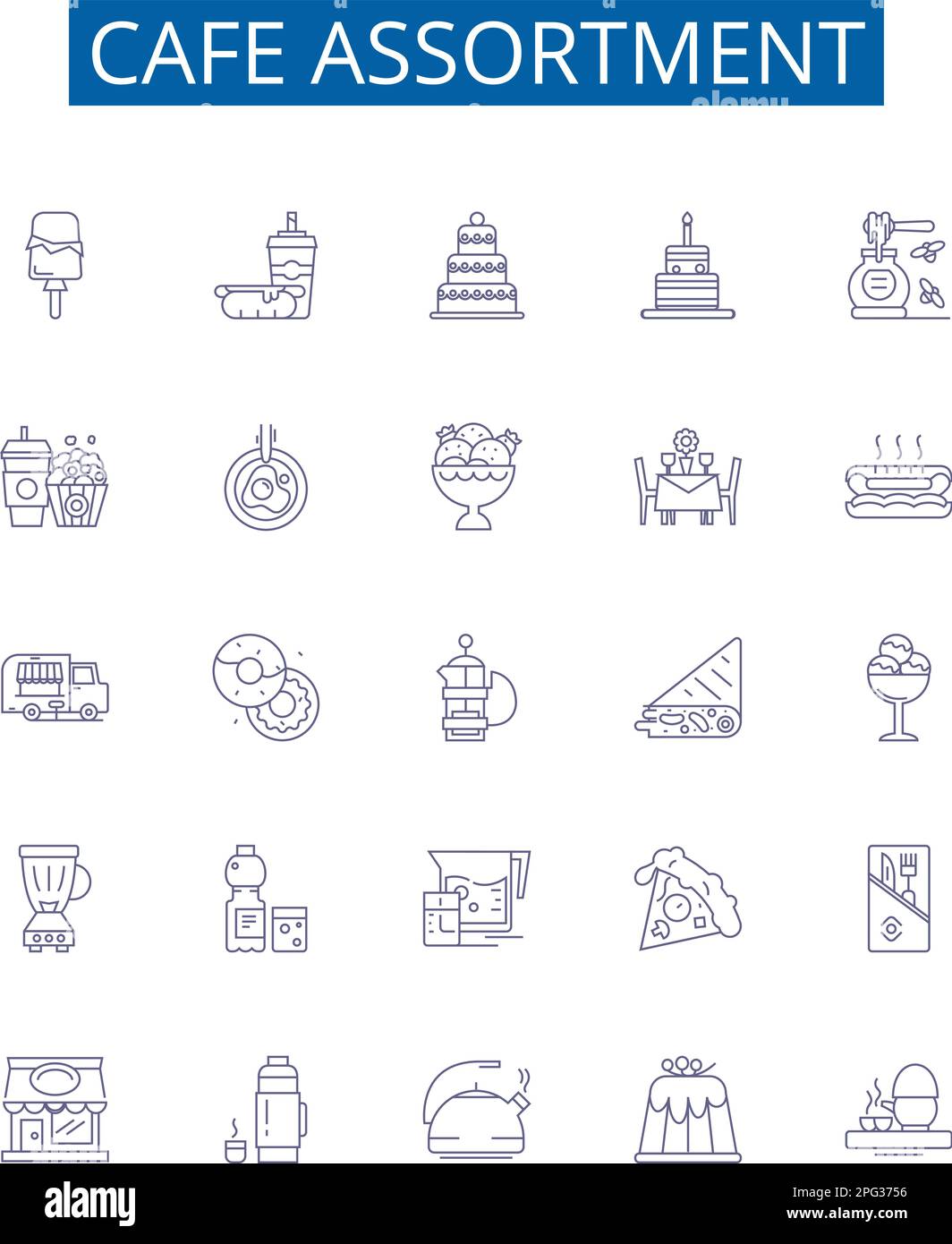 Cafe assortment line icons signs set. Design collection of Coffee, Tea, Latte, Espresso, Bagels ...