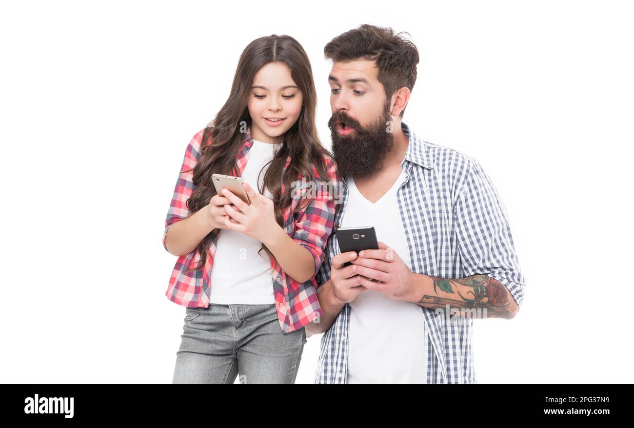 Curious bearded man father and girl child daughter read social media ...