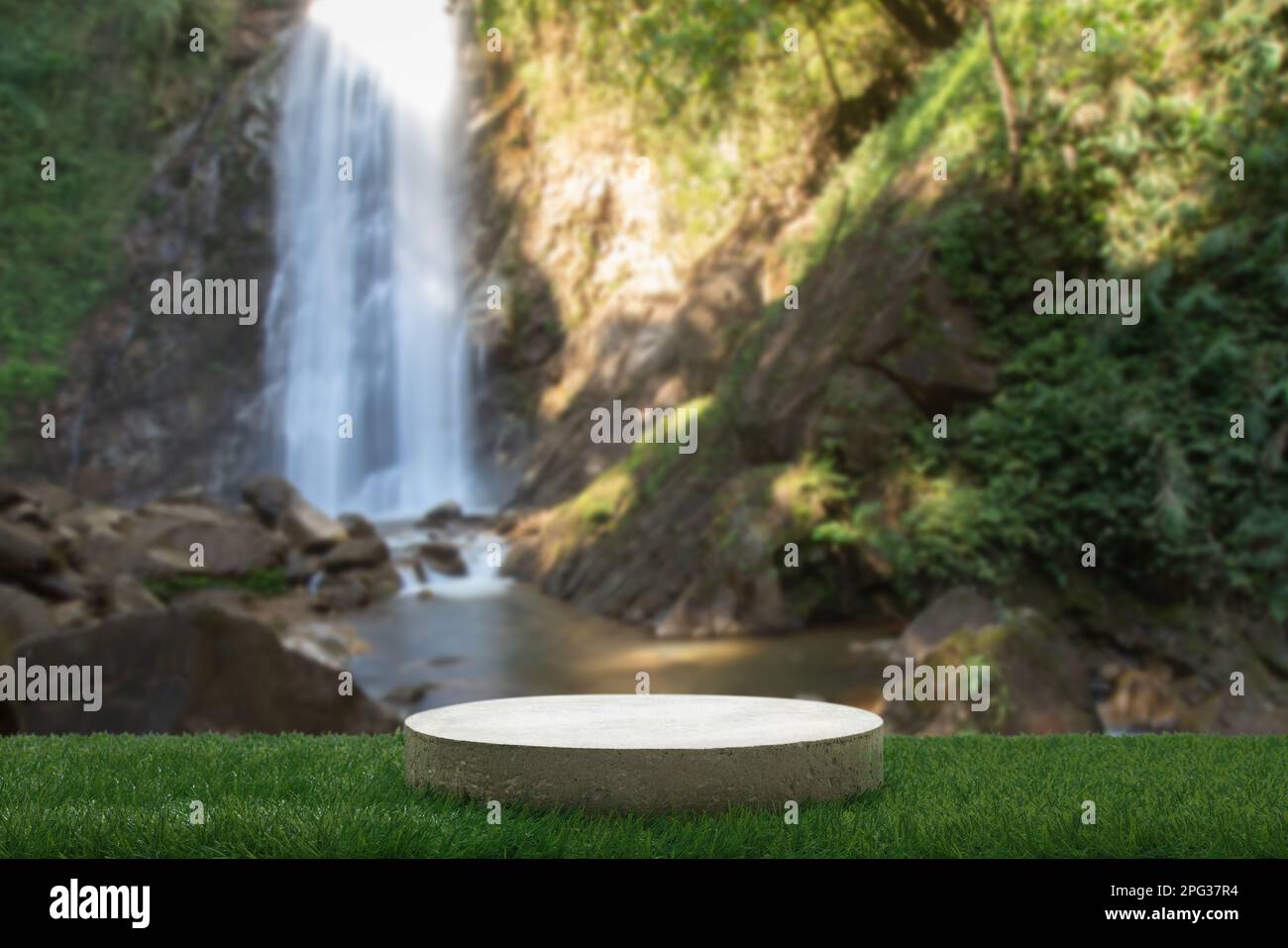 Concrete tabletop podium floor in outdoors waterfall green tropical ...
