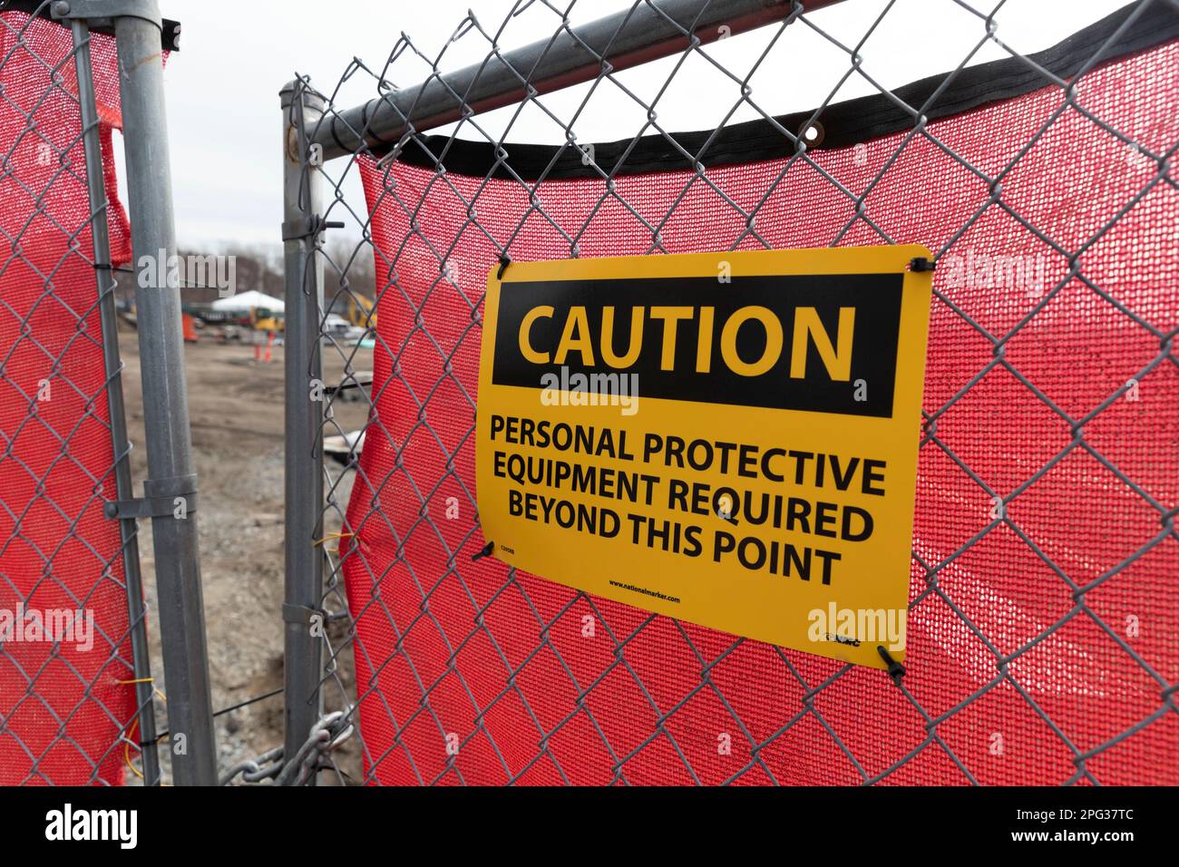 A safety sign is seen at the entrance to a construction site, Friday ...