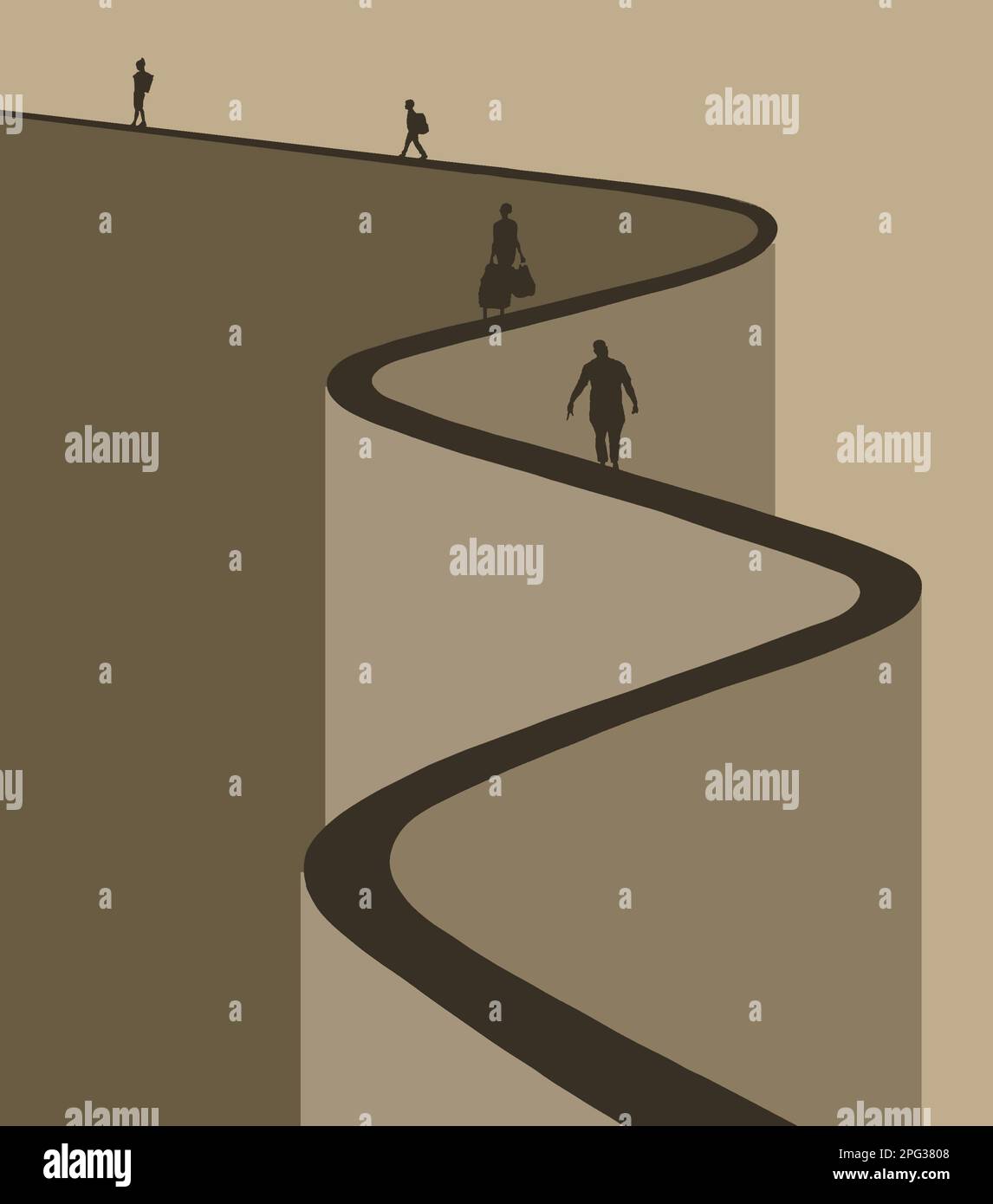 People with luggage are seen walking away on a winding path in a 3-d ...
