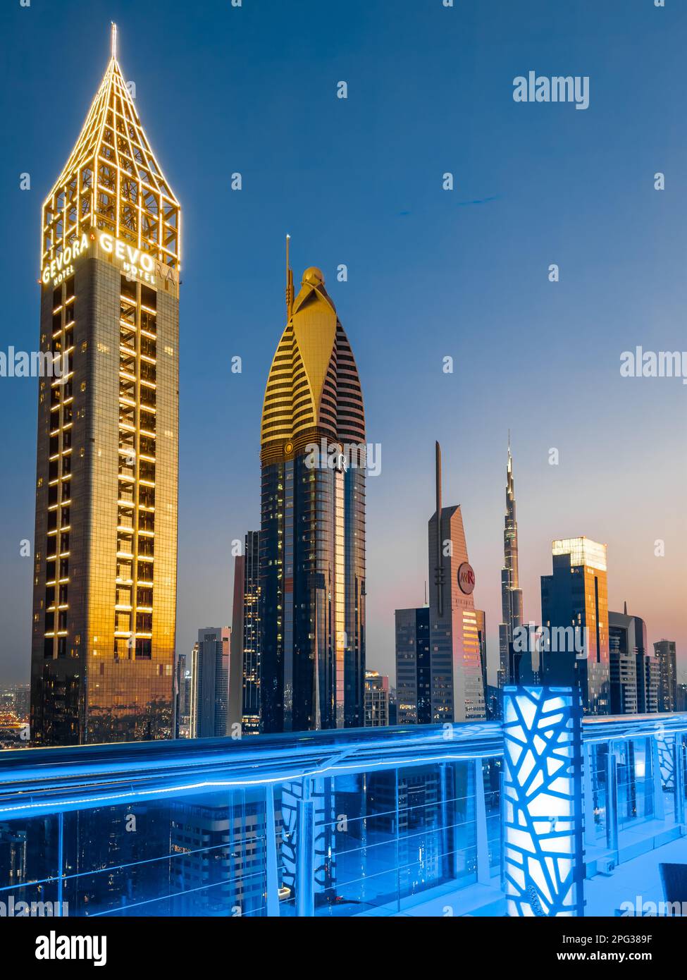 View of Sheikh Zayed Road at sunset in Dubai Downtown Financial center ...