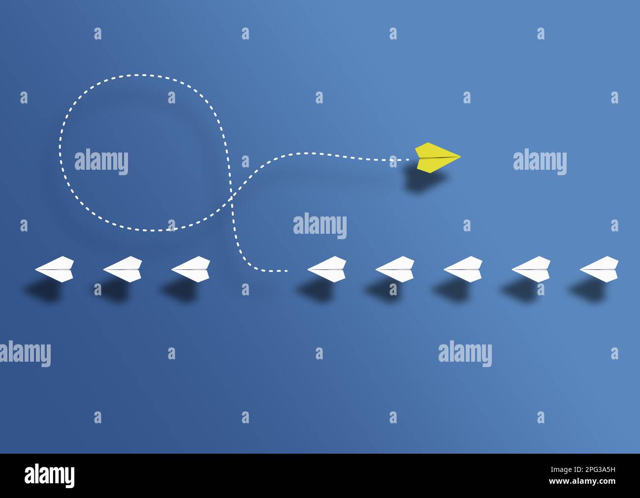 paper planes in a row and one paper glider going in opposite direction ...