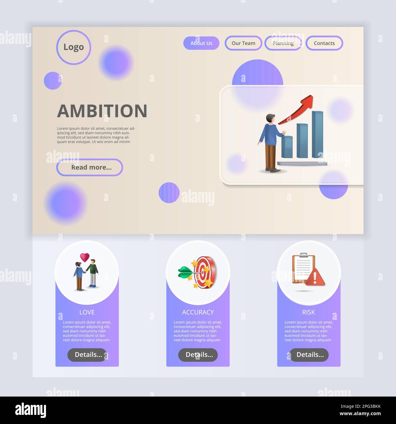 Ambition flat landing page website template. Love, accuracy, risk. Web ...
