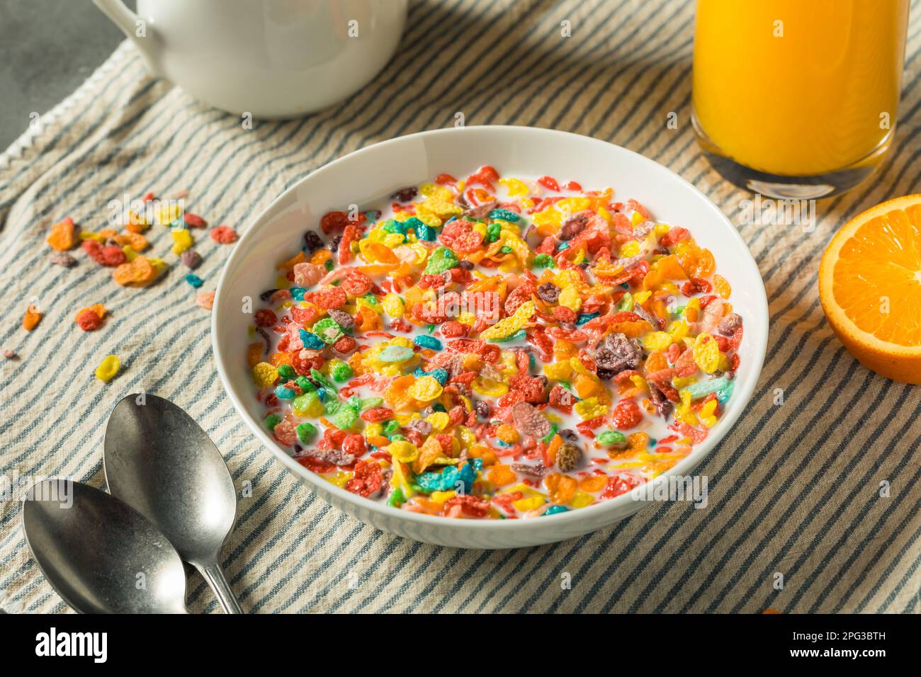 Sweet Sugary Fruity Breakfast Cereal with MIlk and Juice Stock Photo ...