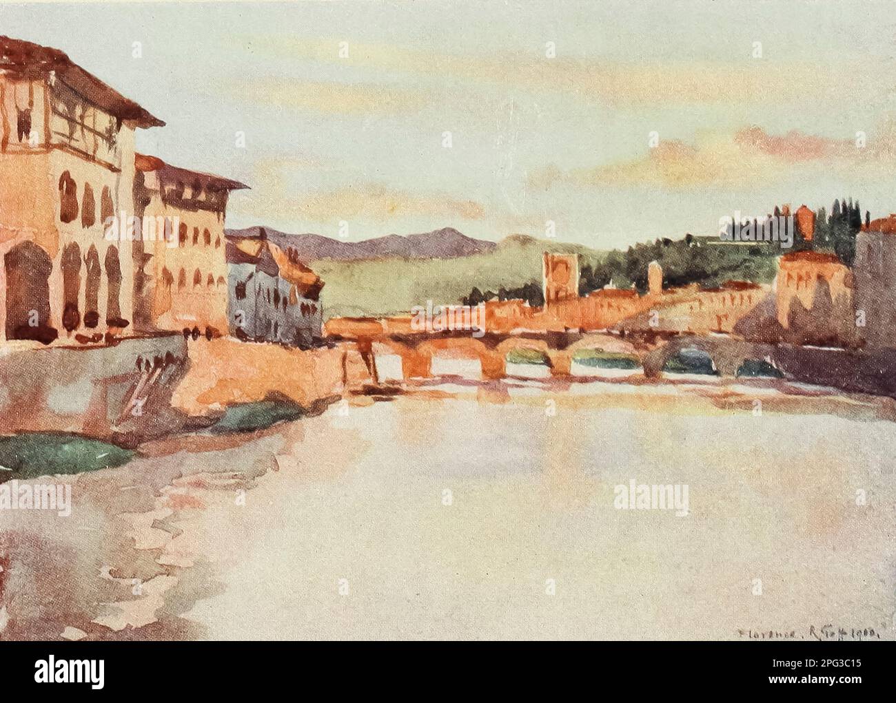 View looking East from the Ponte Vecchio at Sunset,with the Hill of S ...