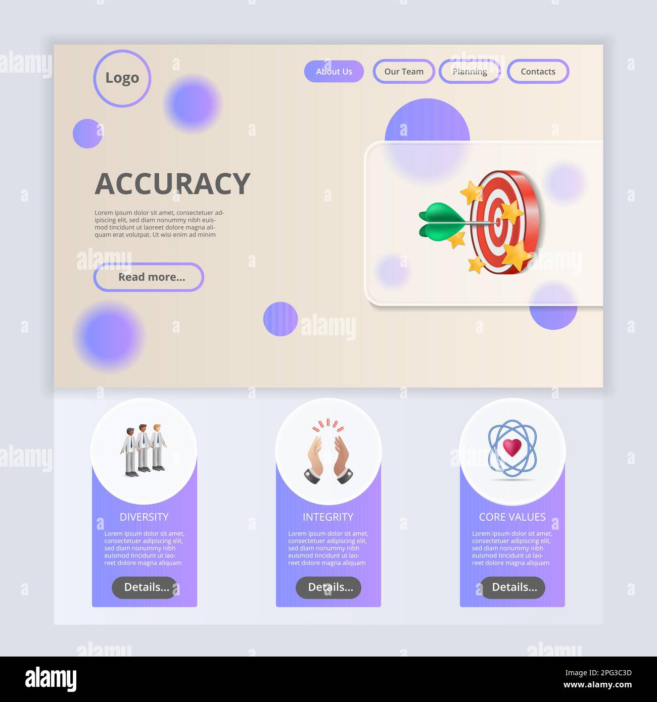 Accuracy flat landing page website template. Diversity, integrity, core ...