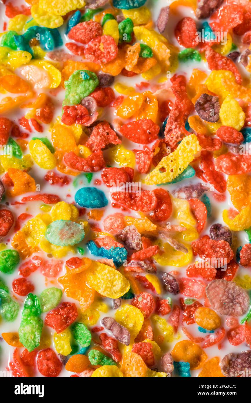 Sweet Sugary Fruity Breakfast Cereal with MIlk and Juice Stock Photo ...