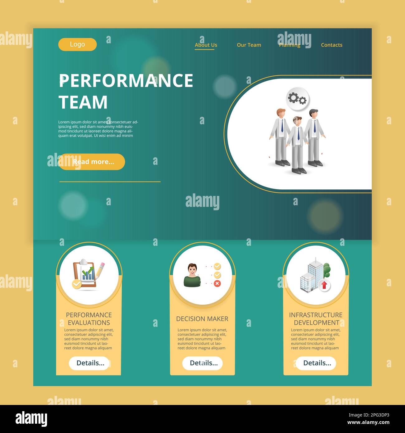 Performance team flat landing page website template. Performance evaluations, decision maker ...