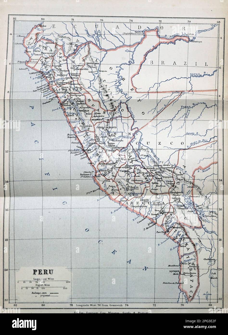 Political map of Peru 1880 from the book ' Peru ' by Sir Clements ...