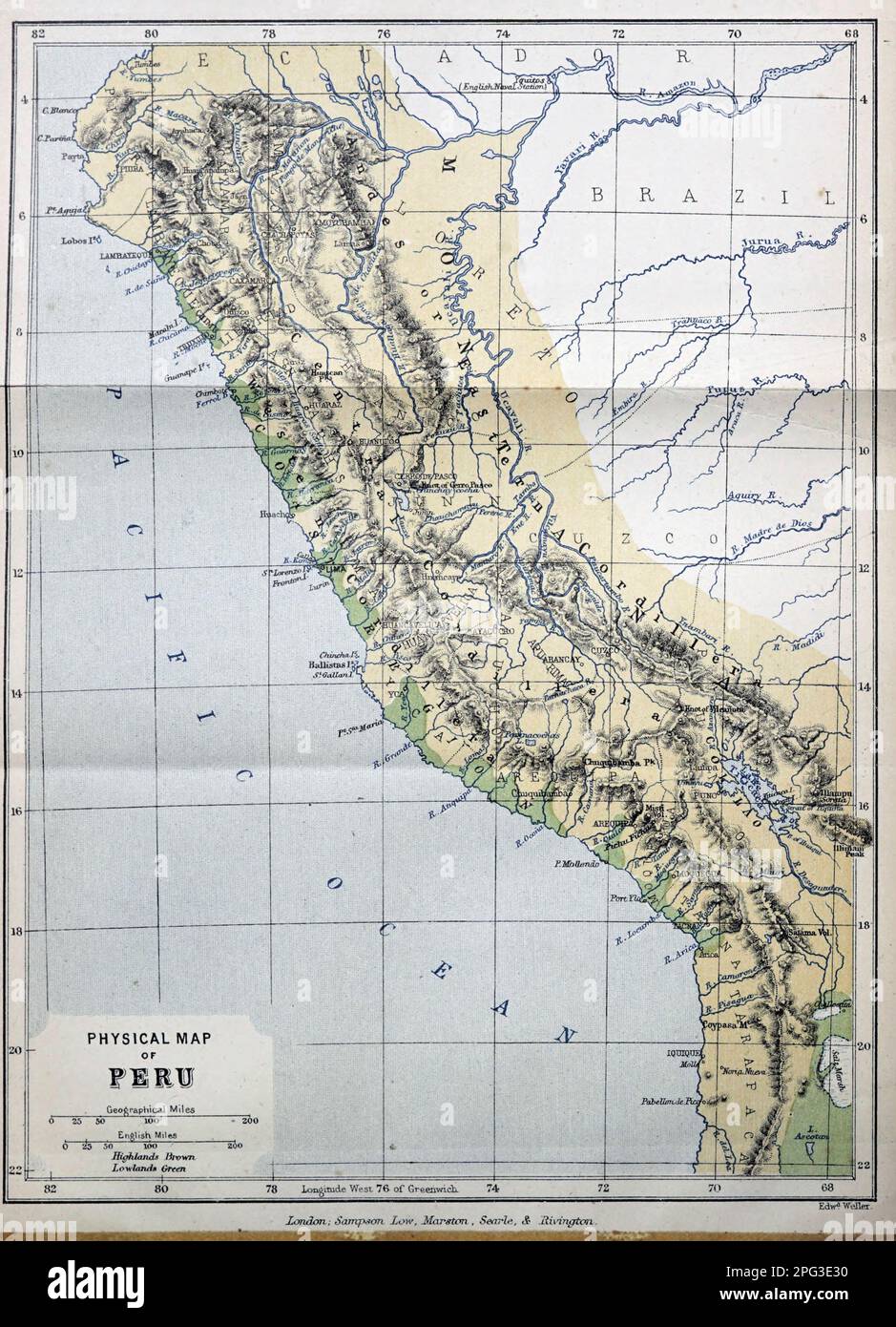 Geographical Map of Peru 1880 from the book ' Peru ' by Sir Clements Robert Markham, 1830-1916 ...
