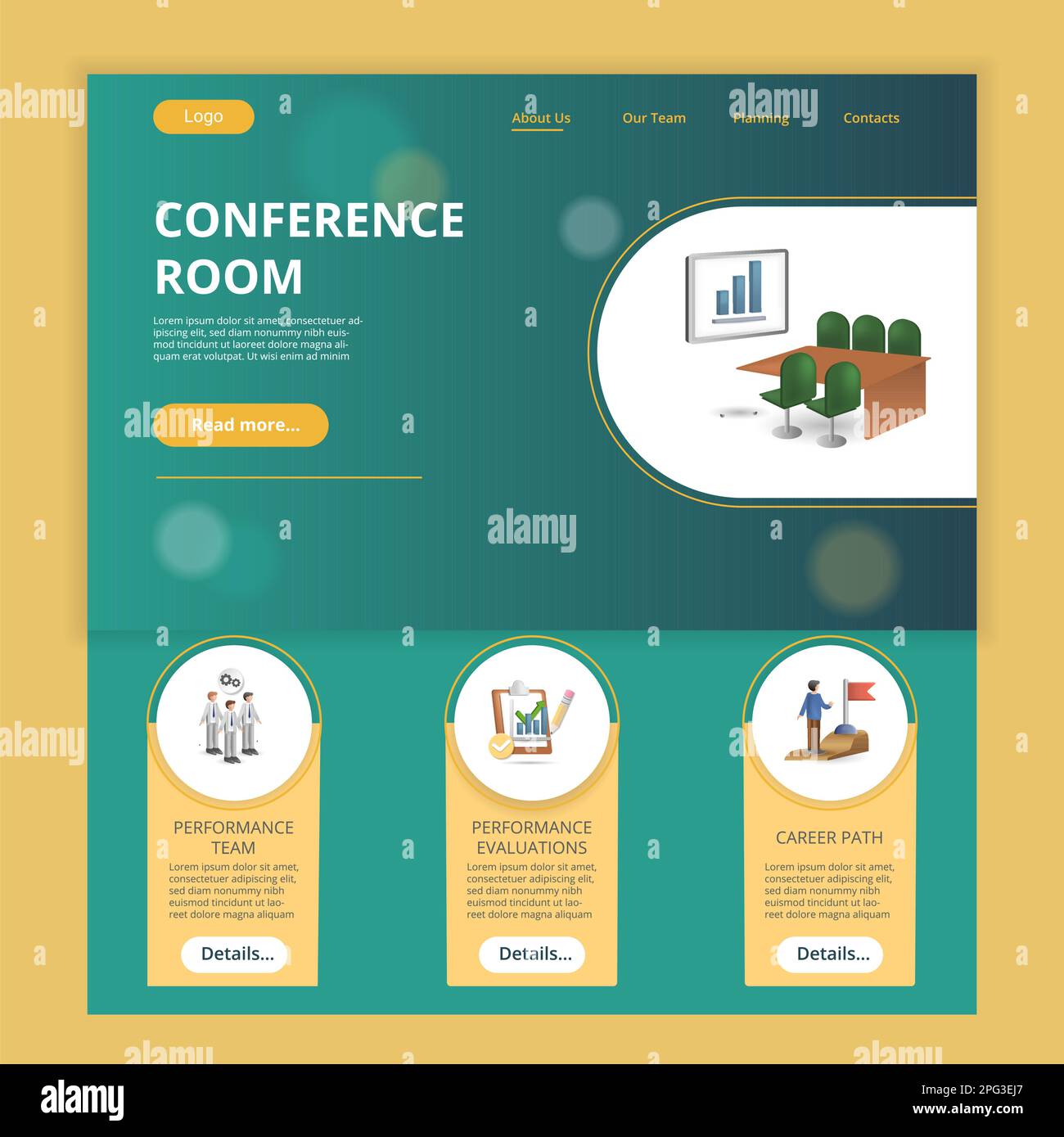 Conference room flat landing page website template. Performance team ...
