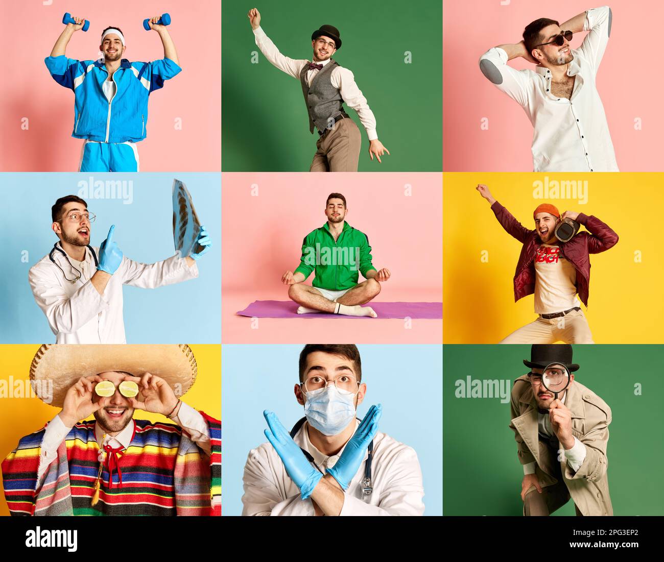 Collage. Set of images of young handsome man posing in different ...