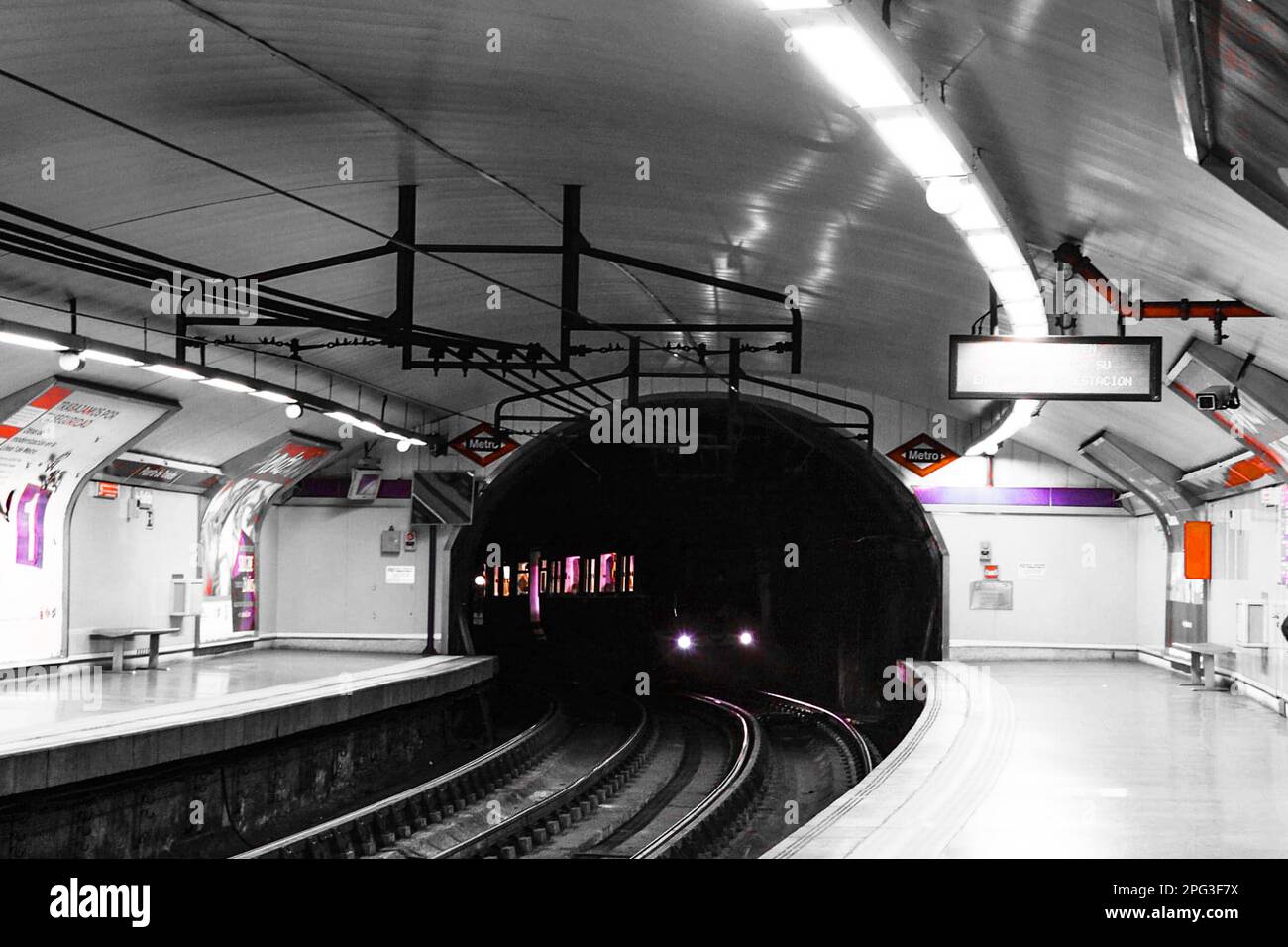 Illuminated transportation metro train railway track railway station platform tunnel hi-res ...