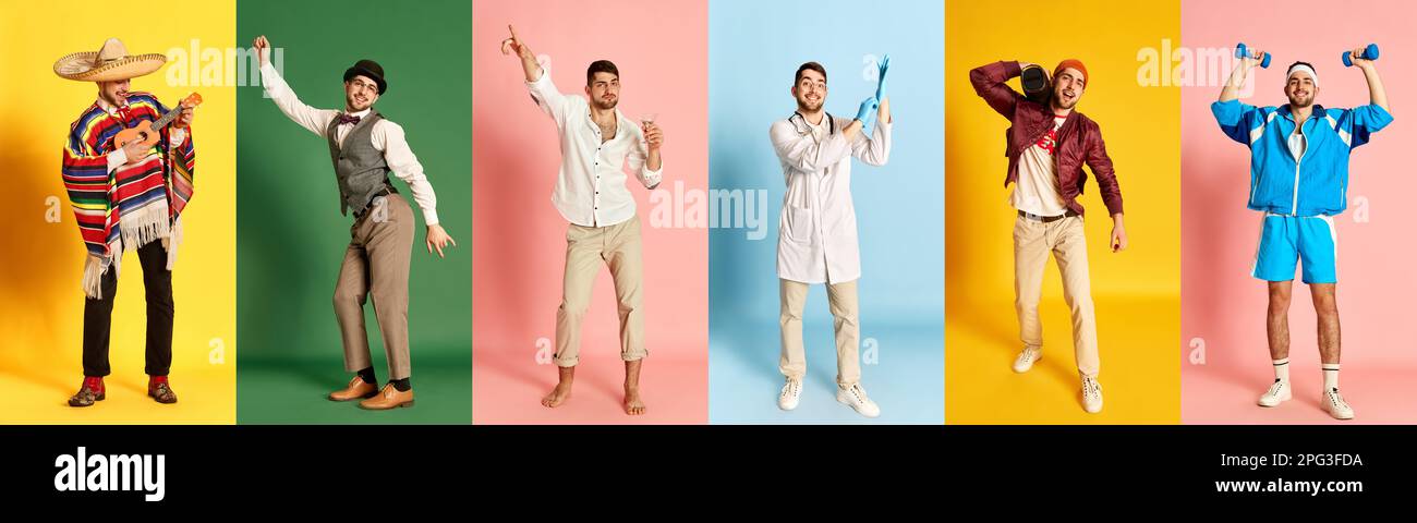 Collage. Set of full-length images of young handsome man posing in ...