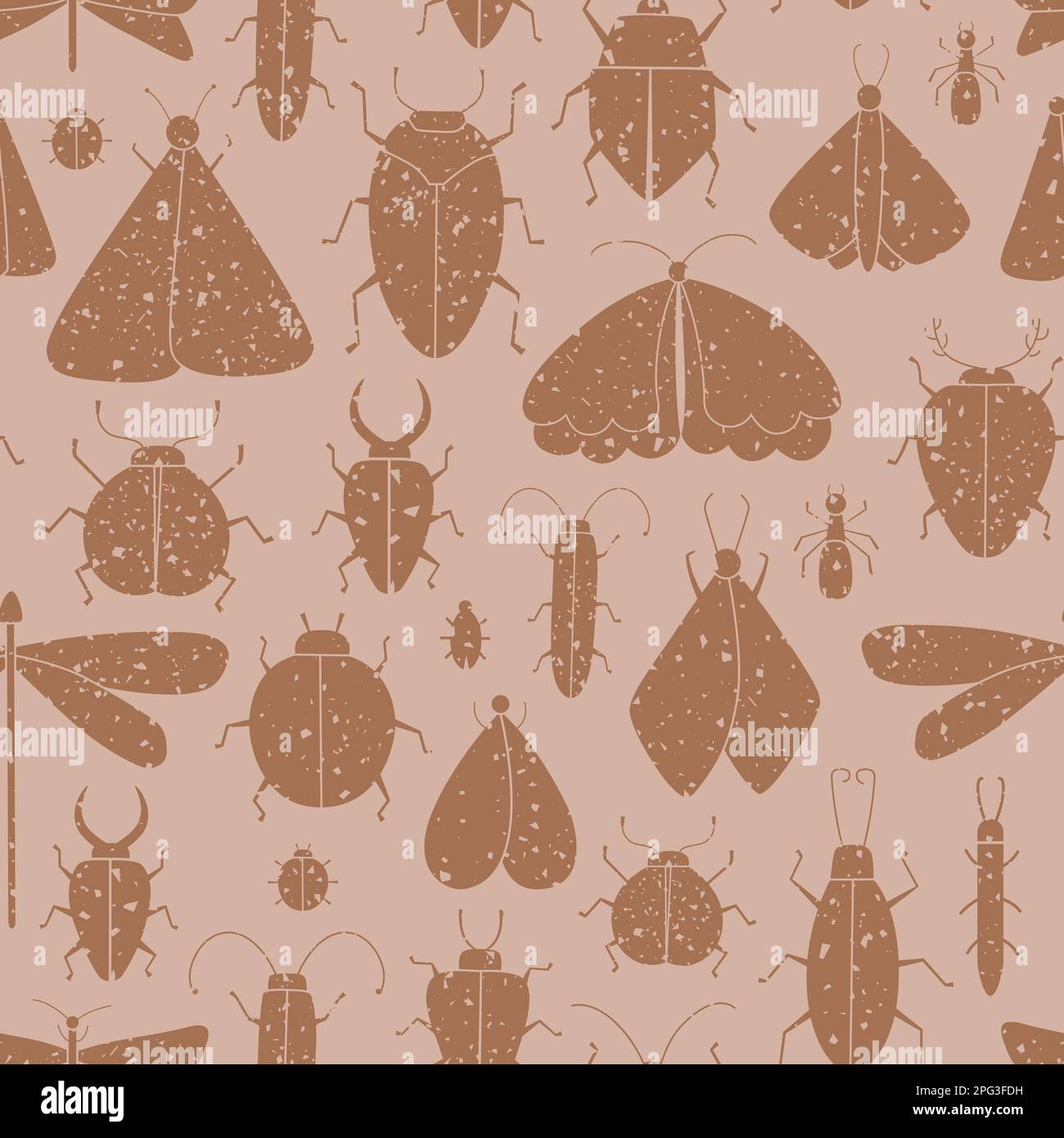 Vector seamless pattern with brown grunge insects, moths, bugs, ants, dragonfly. Trendy endless ...