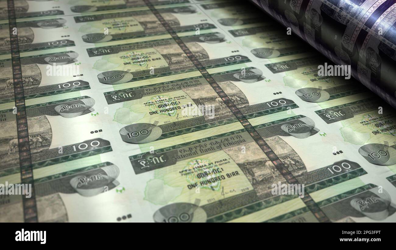 Ethiopian Birr money printing 3d illustration. 100 ETB banknote print ...