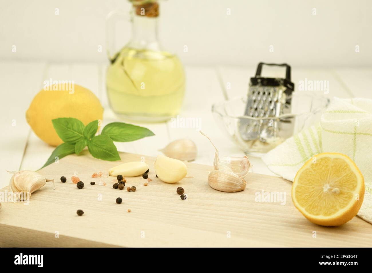 Fresh garlic and spices, sauce preparation process. Background with ...