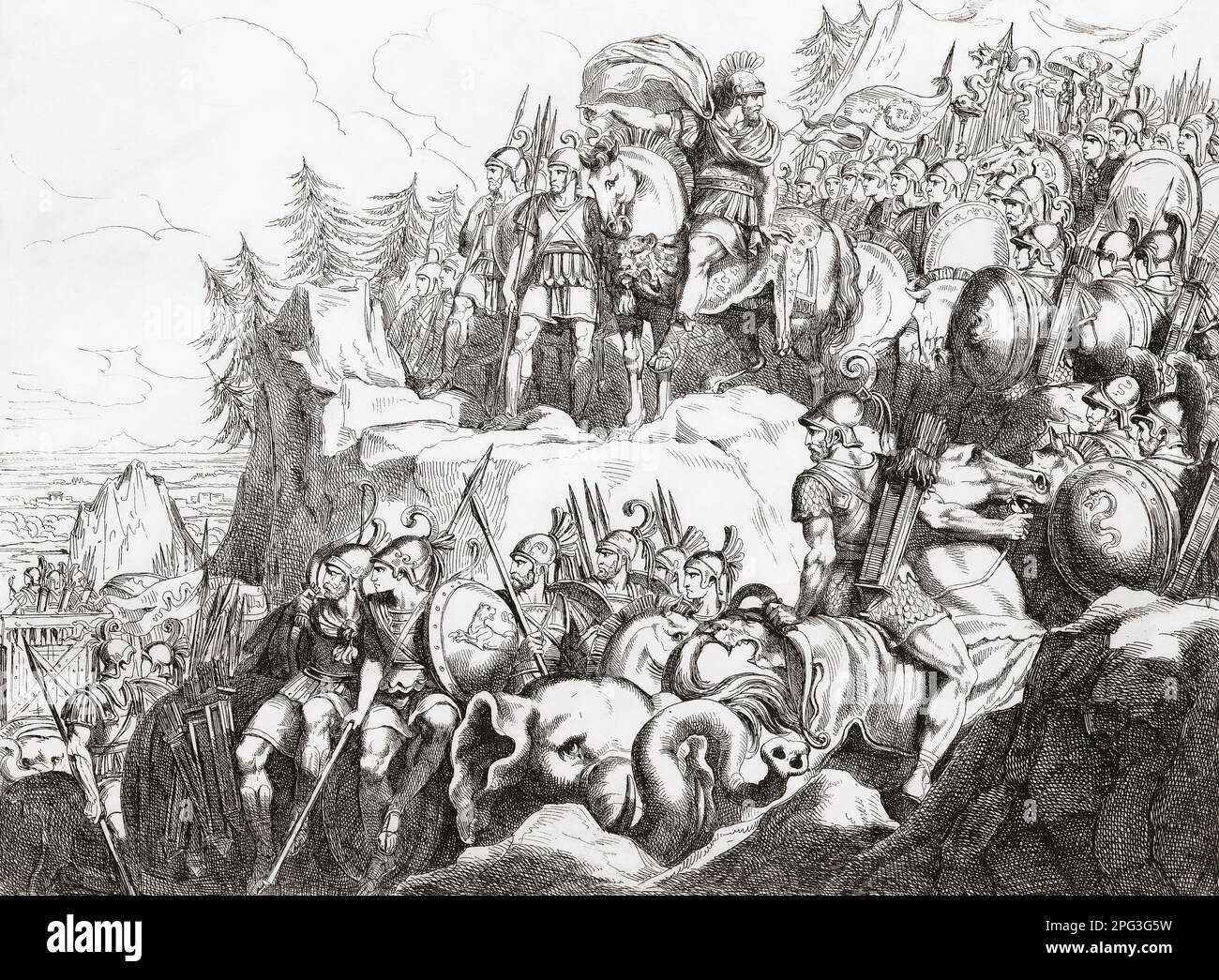 Hannibal crossing the Alps in 218 BC. He indicates their destination to ...