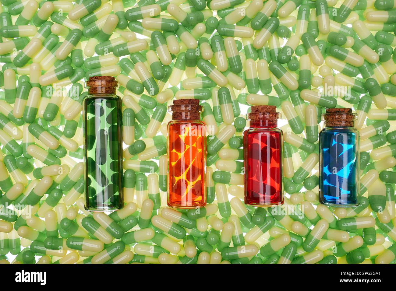Four color semi-transparent bottles with filling and with capsule ...