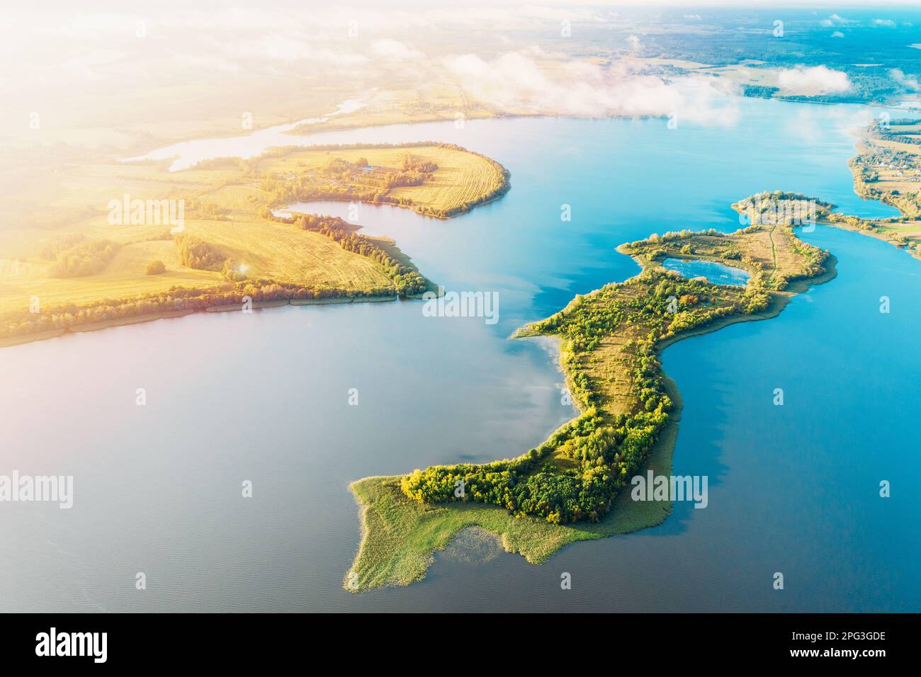 Amazing Scenic Aerial Bright Sunbeams View Green Meadow And River ...