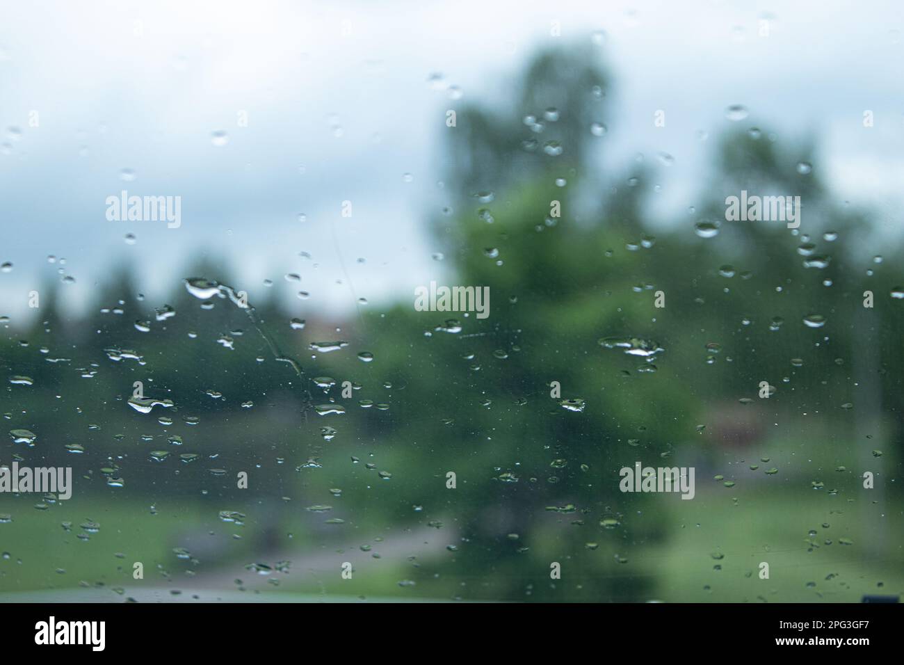 Raindrops on glass during rain, large drops. Landscape with raindrops falling on the window of ...