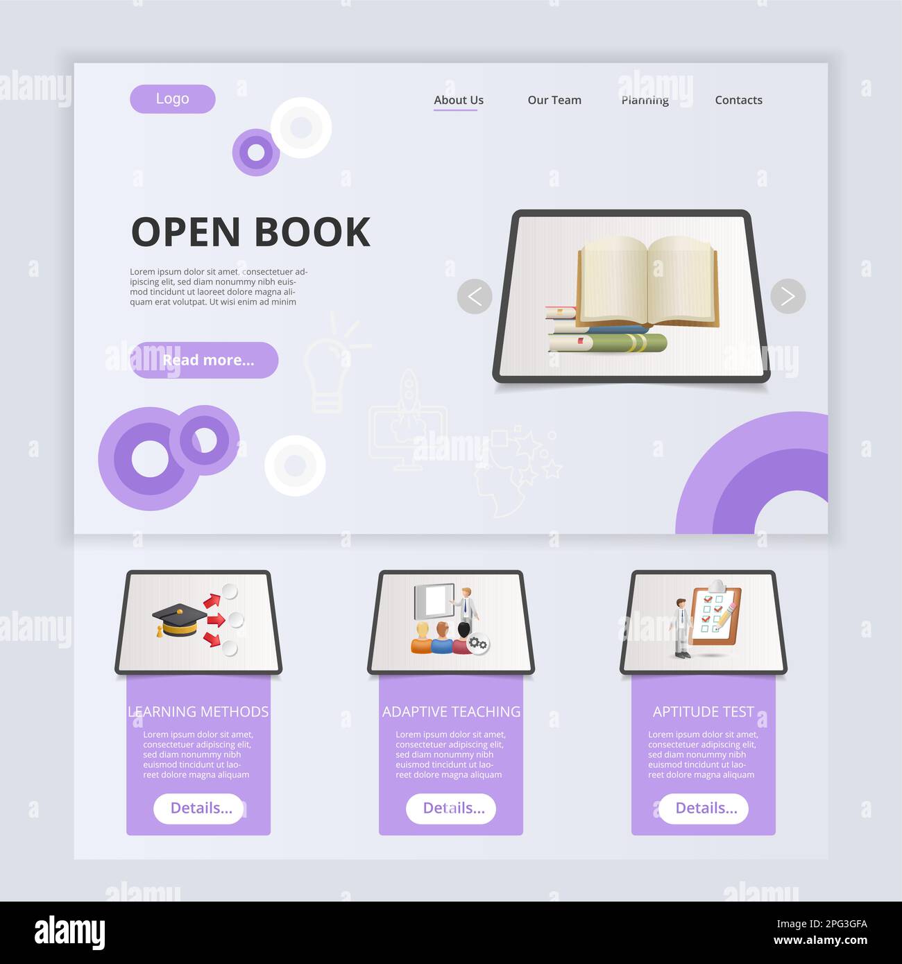 Open book flat landing page website template. Learning methods ...