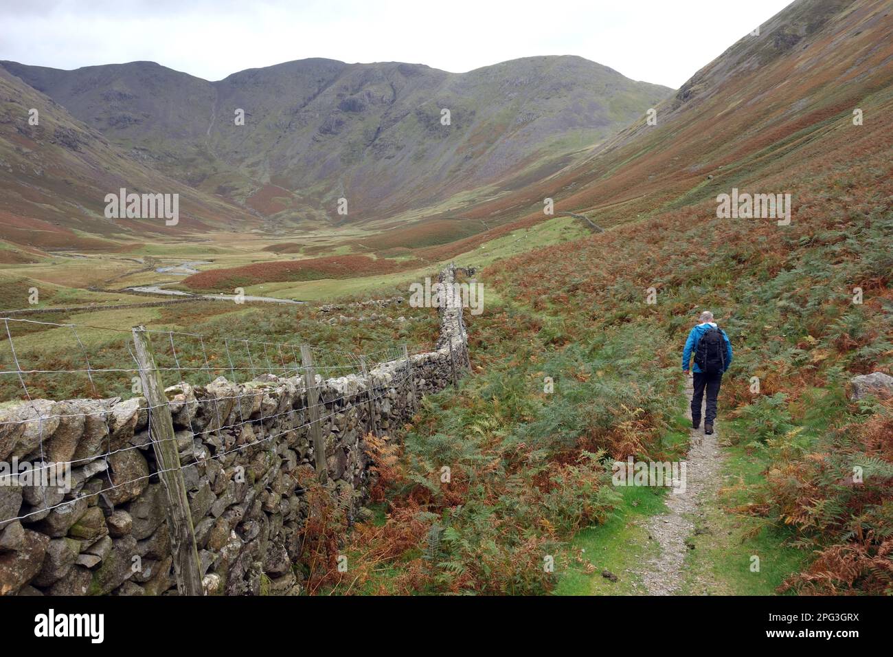 Man (Hiker) Walking by Stone Wall on the Black Sail Pass Path into ...