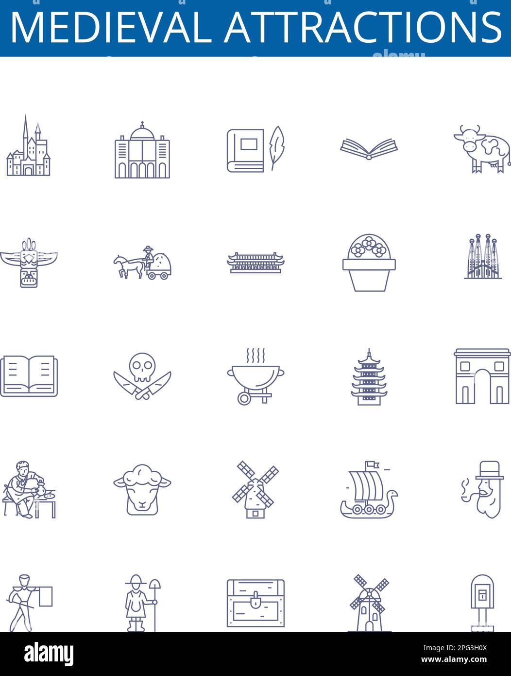 Medieval attractions line icons signs set. Design collection of Castles ...