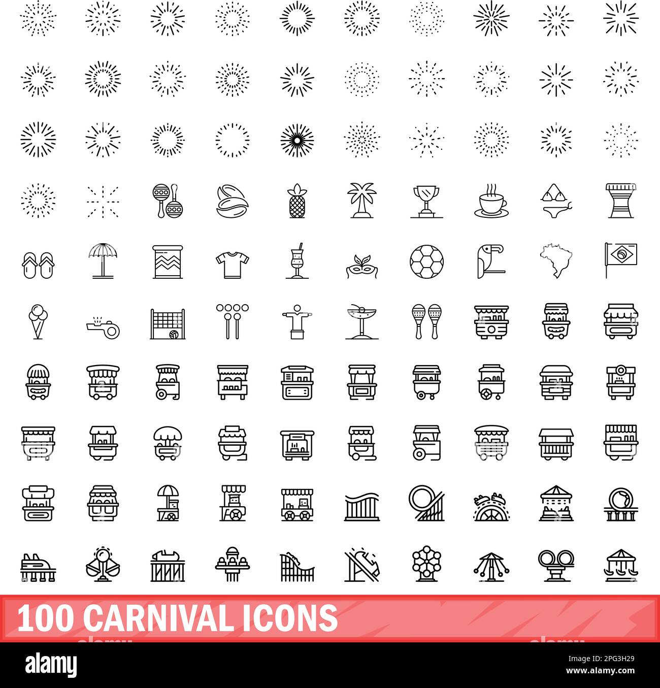 100 carnival icons set. Outline illustration of 100 carnival icons vector set isolated on white ...