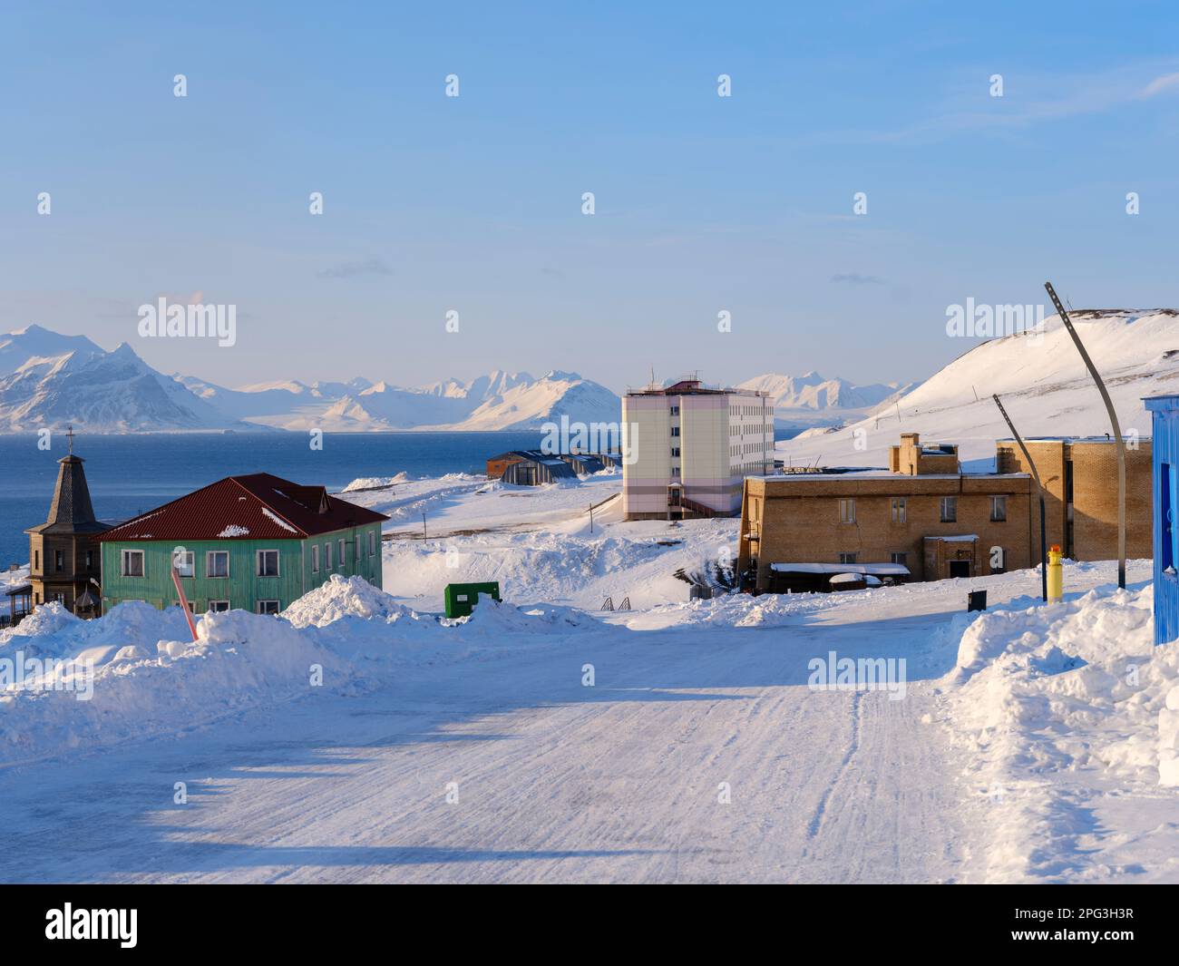 Russian coal mining town Barentsburg at fjord Groenfjorden, Svalbard ...