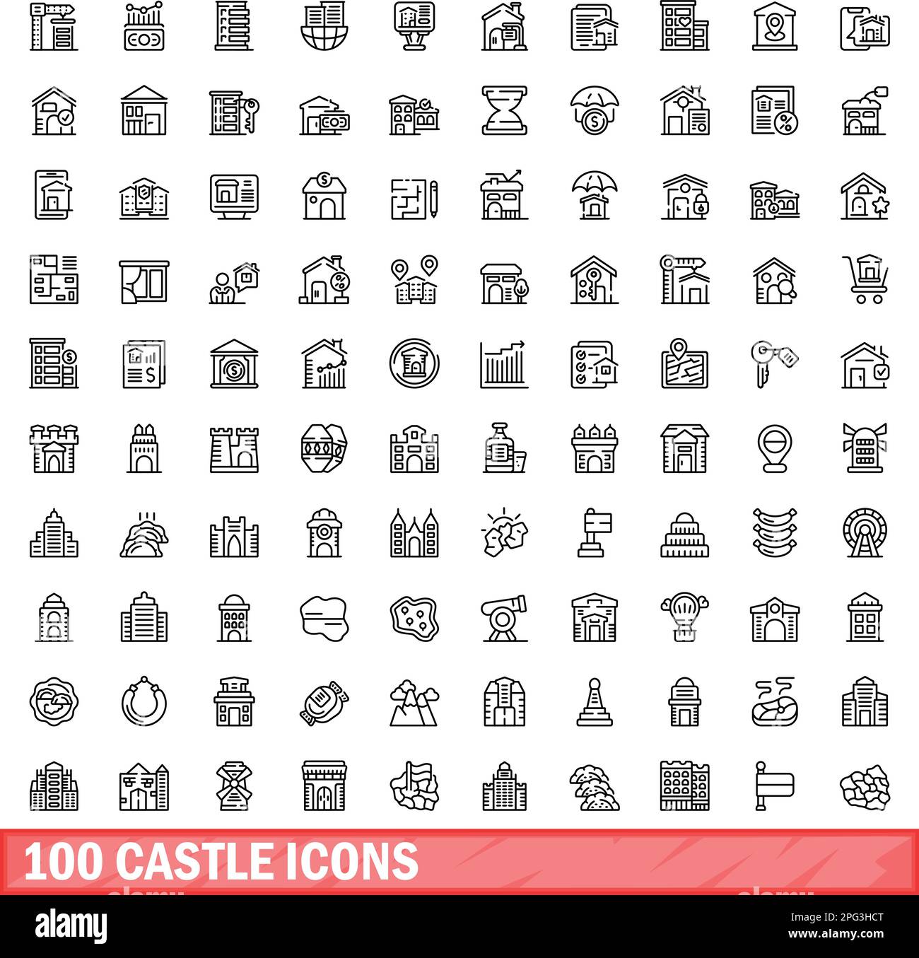 100 castle icons set. Outline illustration of 100 castle icons vector ...