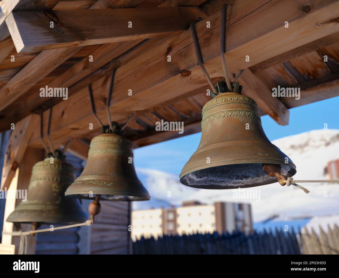 Bells of russian orthodox church. Russian coal mining town Barentsburg ...