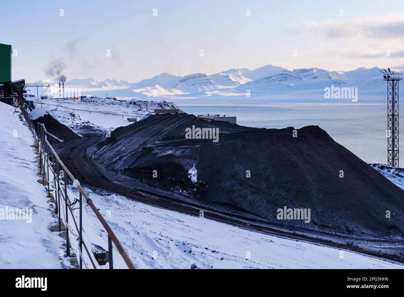 Storage of the coal from the mine. Russian coal mining town Barentsburg ...