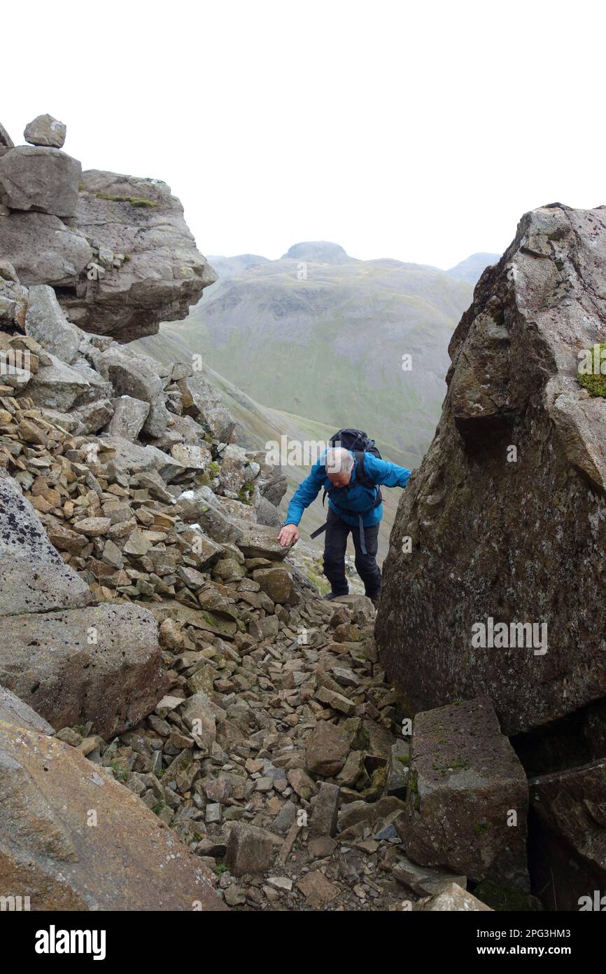 Man Climbing a Rocky Gully (Gorge) on 'Black Crag' near the Wainwright ...