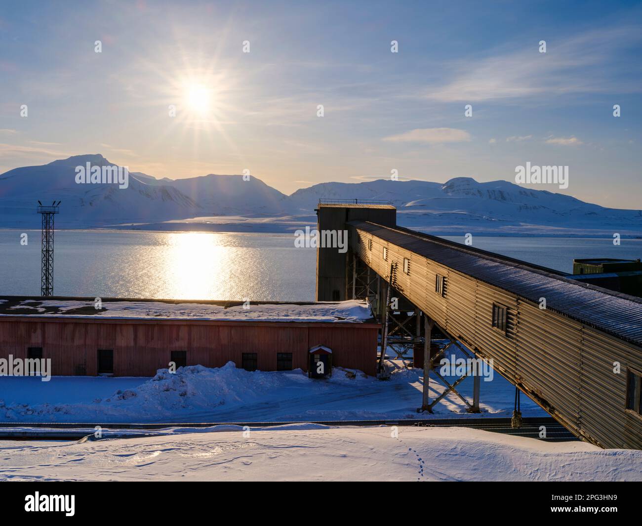 Russian coal mining town Barentsburg at fjord Groenfjorden, Svalbard ...