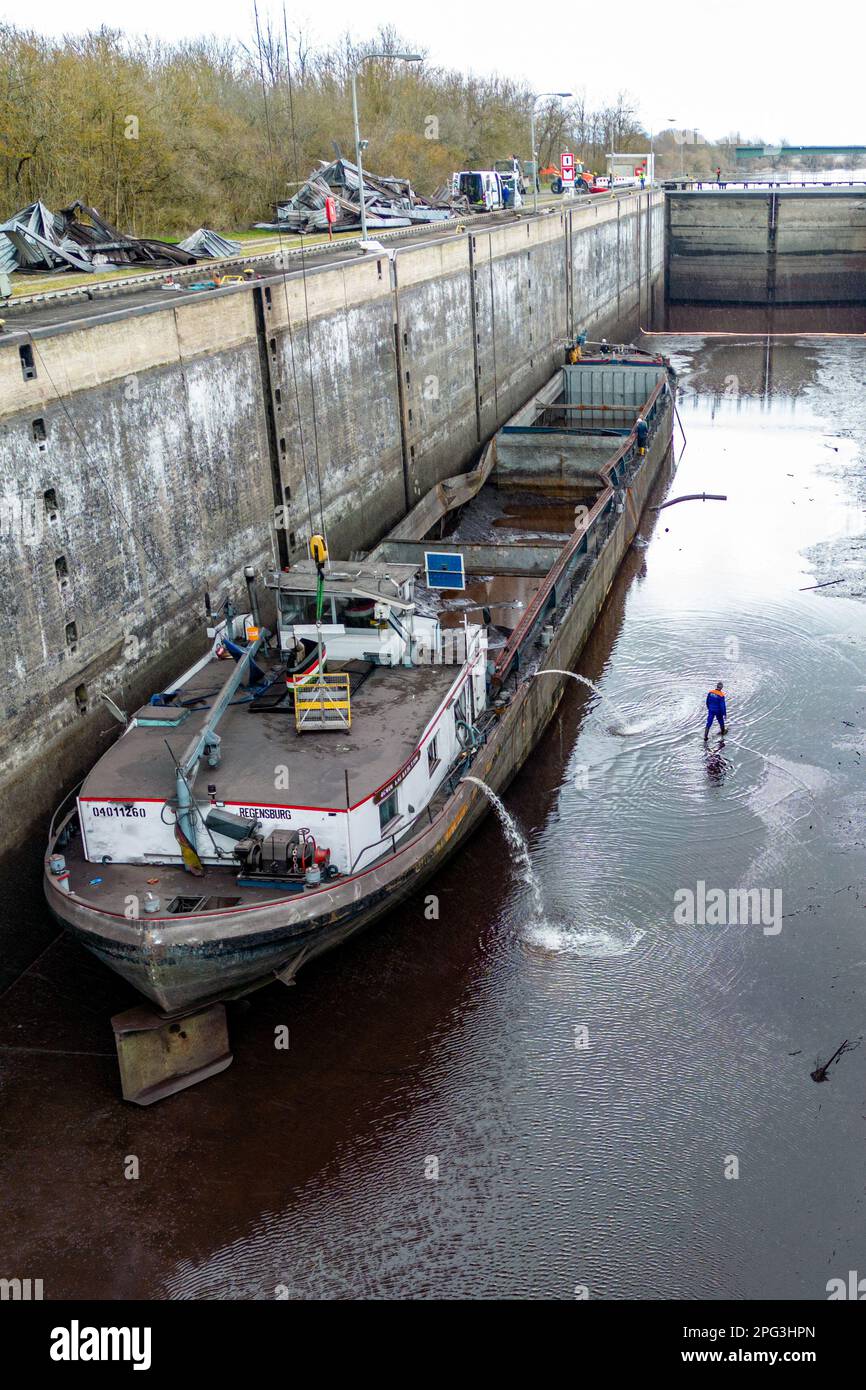 20 March 2023, Bavaria, Wörth An Der Donau: An 85-meter-long cargo ship ...