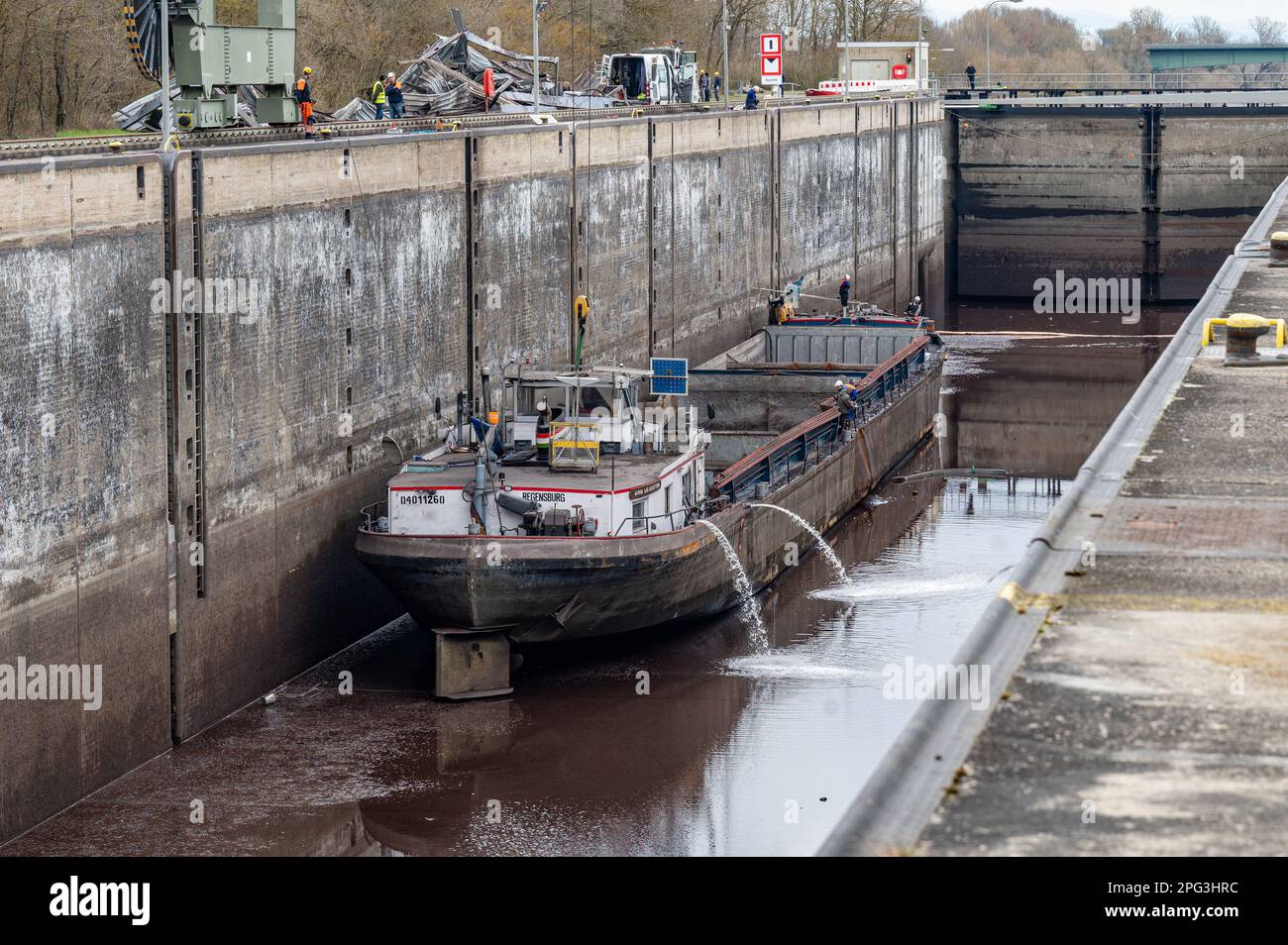 20 March 2023, Bavaria, Wörth An Der Donau: An 85-meter-long cargo ship ...