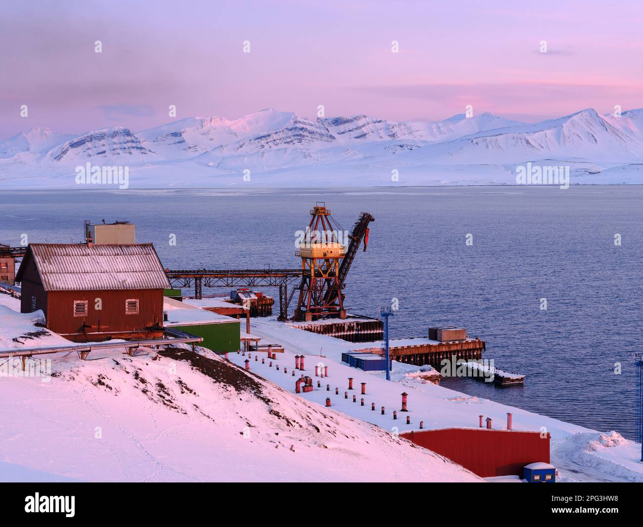 Harbour area. Russian coal mining town Barentsburg at fjord ...