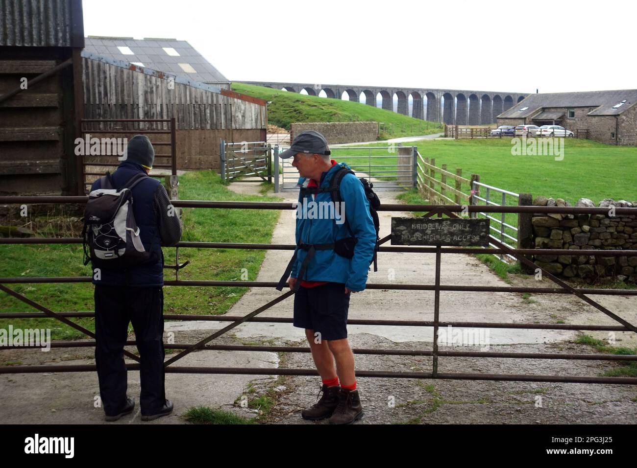 Two Men (Hikers) Closing Metal Gate at Gunnerfleet Farm near Ribblehead ...