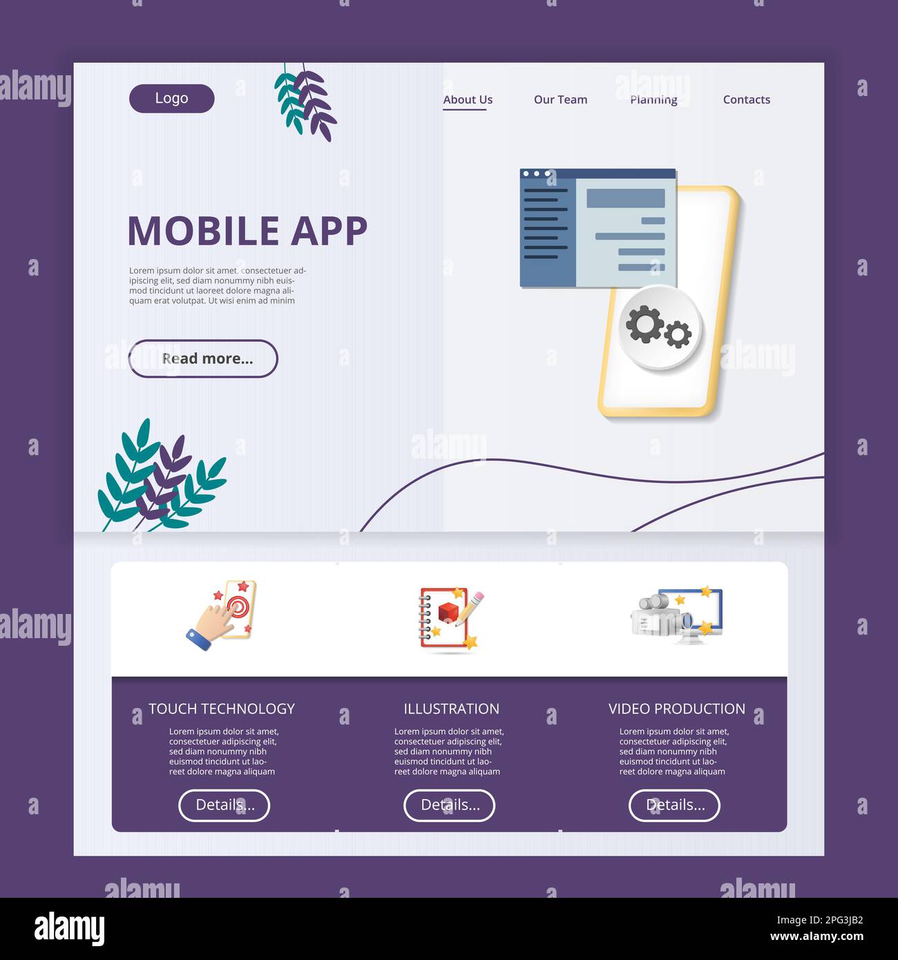 Mobile app flat landing page website template. Touch technology ...