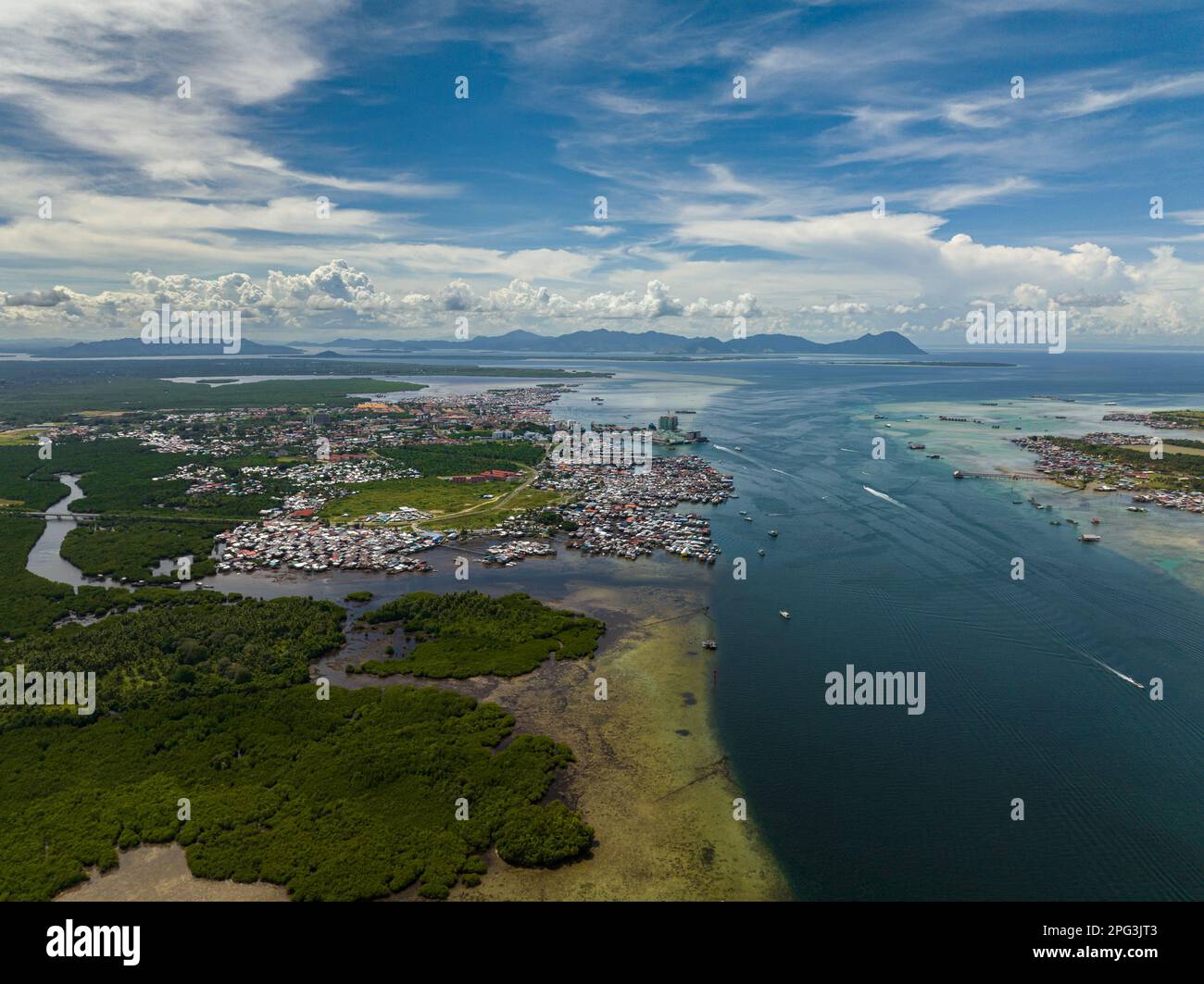 Panorama of the city of Semporna with residential buildings. Borneo ...