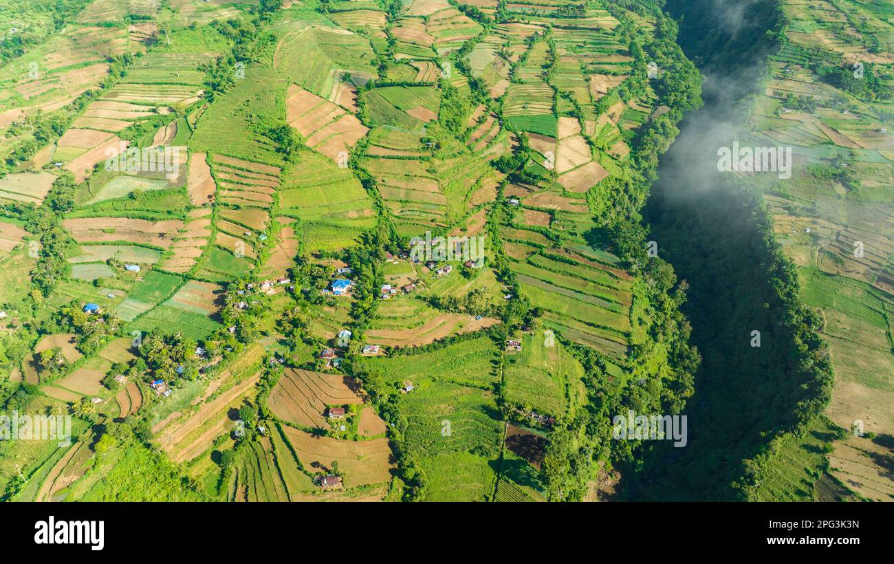 Aerial view of agriculture and farmland in a mountainous area near the ...