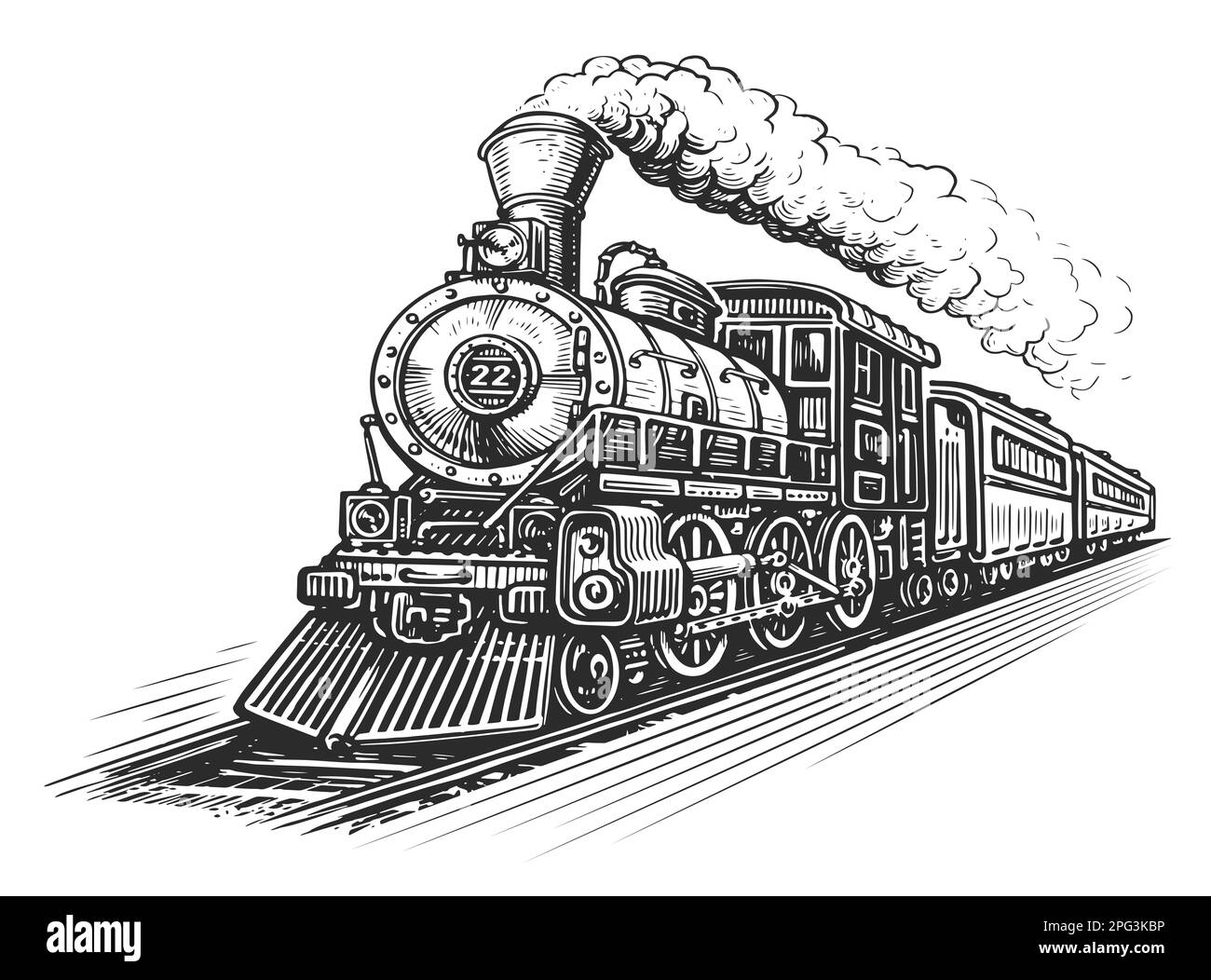 Hand drawn moving retro train, sketch illustration. Vintage railway steam locomotive in style of ...