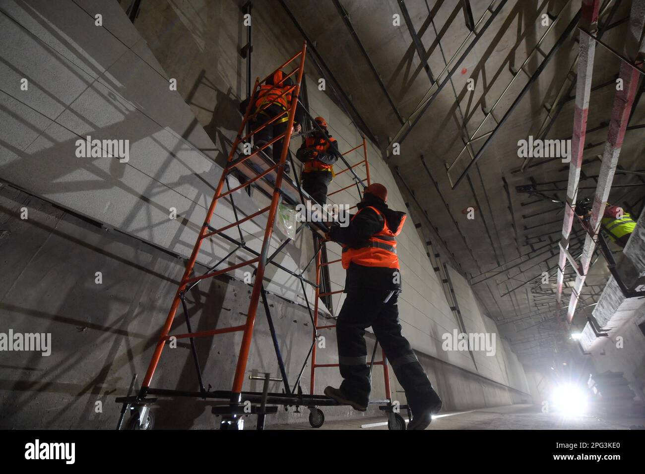 'Moscow. Workers at the construction site of the Vnukovo Airport metro ...