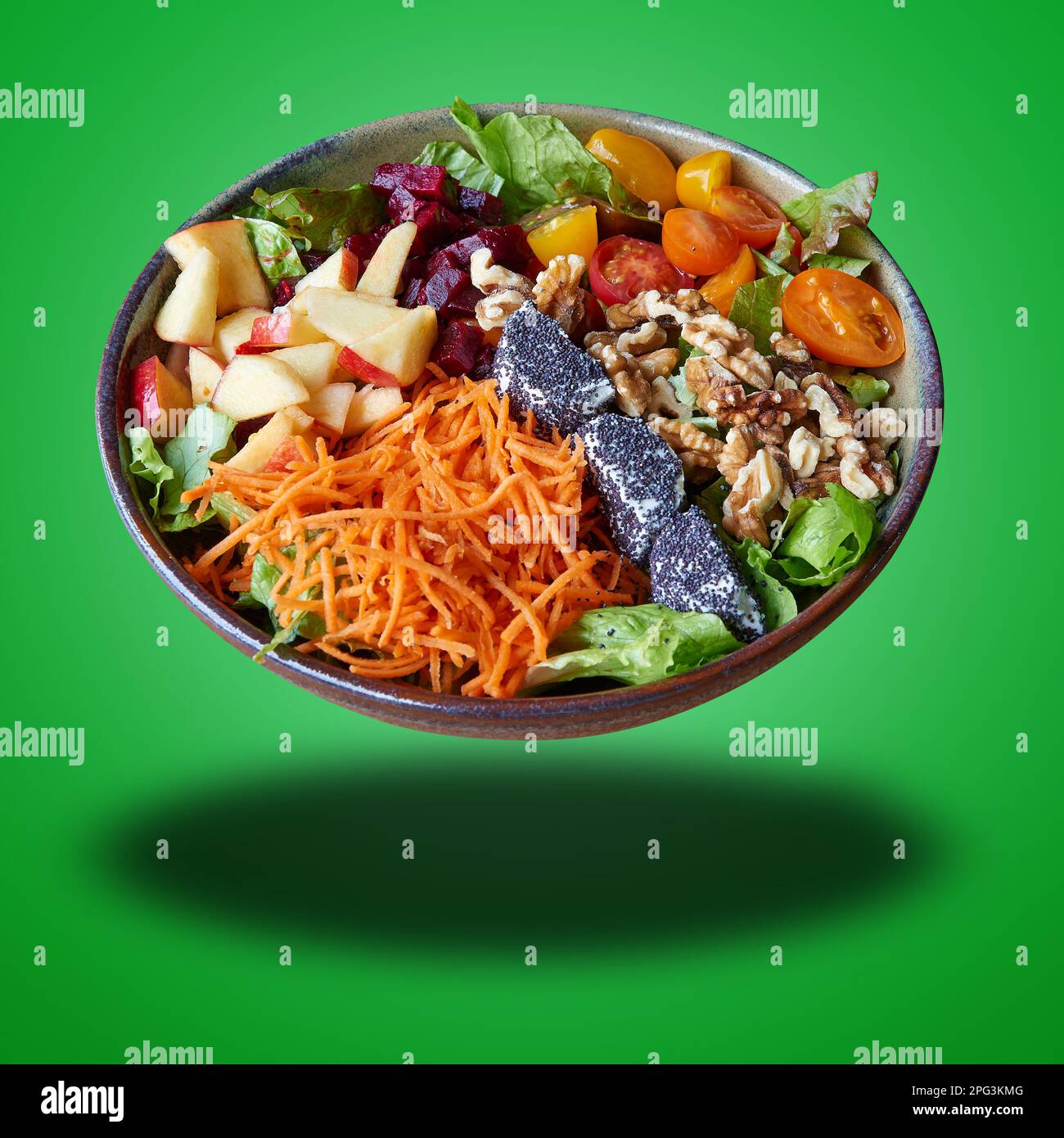 Floating Poke in bowl on green gradient background Stock Photo - Alamy