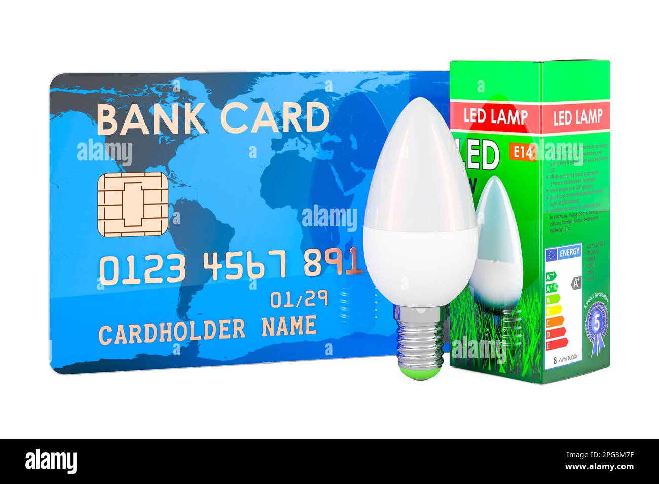 Energy savings LED lamp with credit card. Saving energy consumption ...