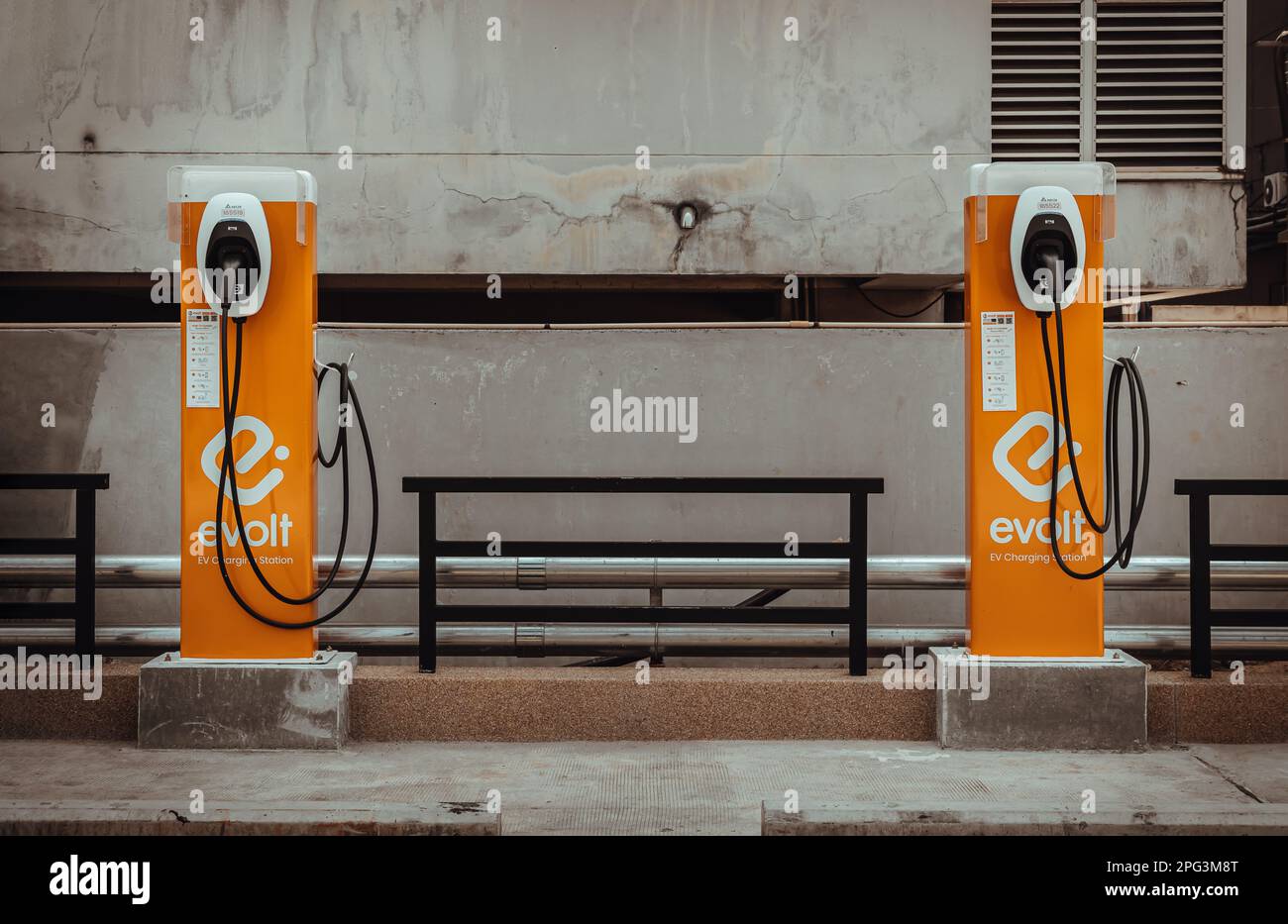 Bangkok, Thailand - Feb 18, 2023 : Front view of The Evolt electric car charging point at a car ...