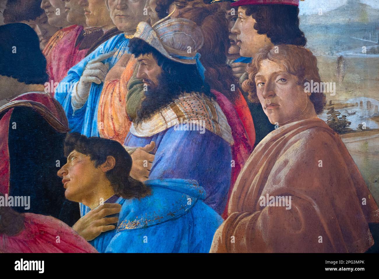 Widely believed to be a self-portrait of the artist Sandro Botticelli, in his work, Adoration of ...